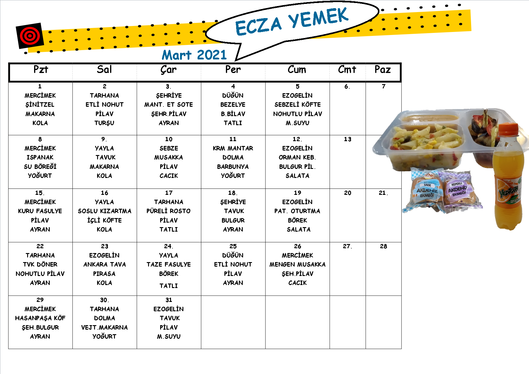 AYLIK YEMEK LİSTESİ TABLDOT YEMEK - ECZA YEMEK